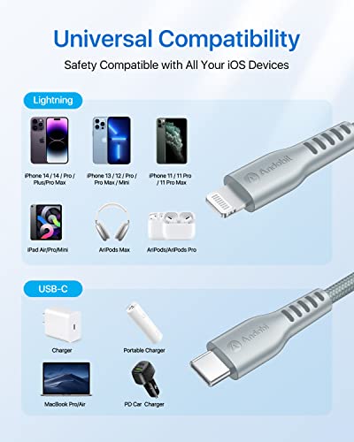 andobil [Military-Grade] Nylon USB C to Lightning Cable 6FT, [20W PD Fast Charging] Apple MFi Certified iPhone Charger Cord Compatible with iPhone 14 13 12 Pro Max iPad AirPods and More