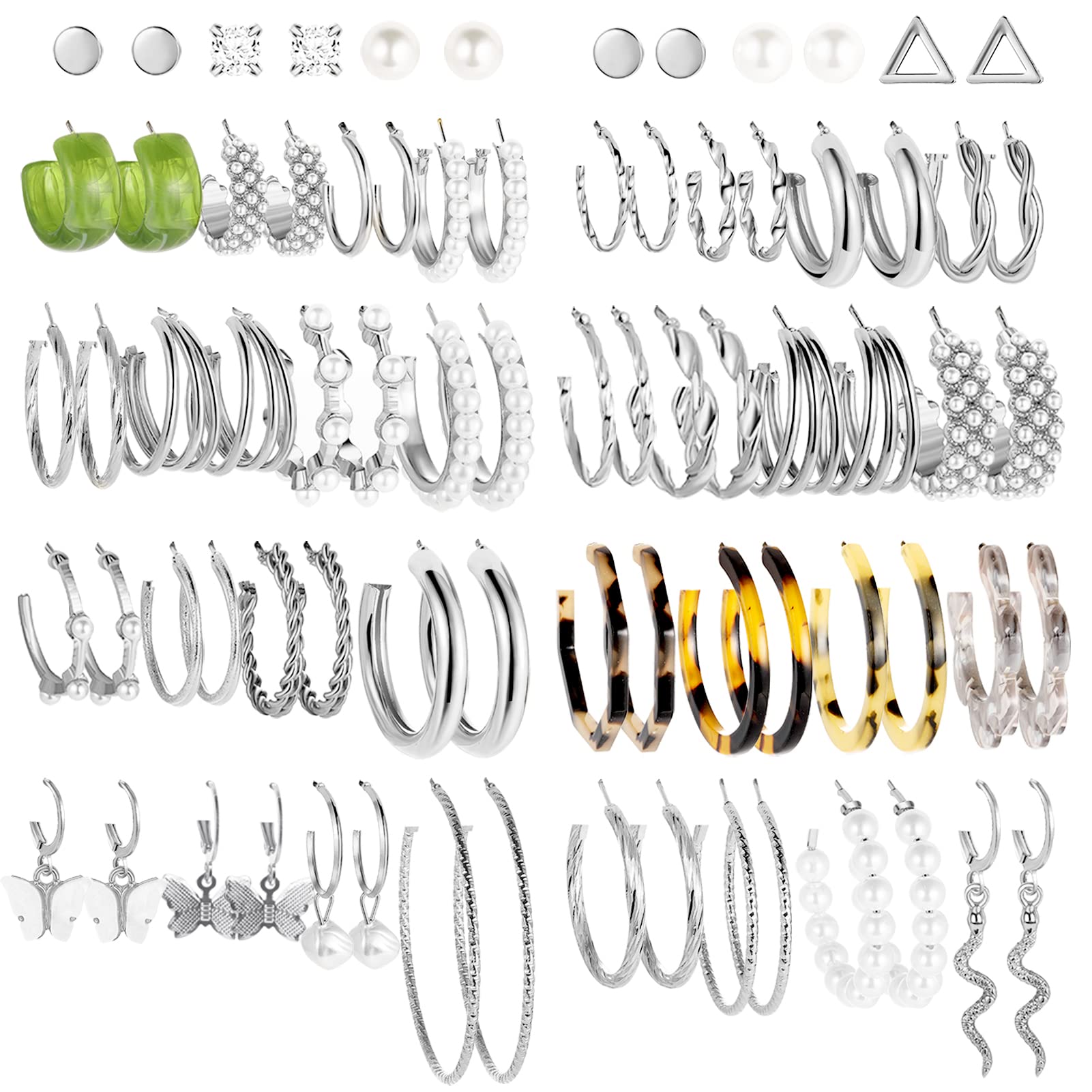 30 Pairs Gold Hoop Earrings Set for Women, Fashion Hoop Stud Drop Dangle Earrings Boho Statement Paperclip Hypoallergenic Earrings for Christmas Jewelry Gift (2-38-sliver)