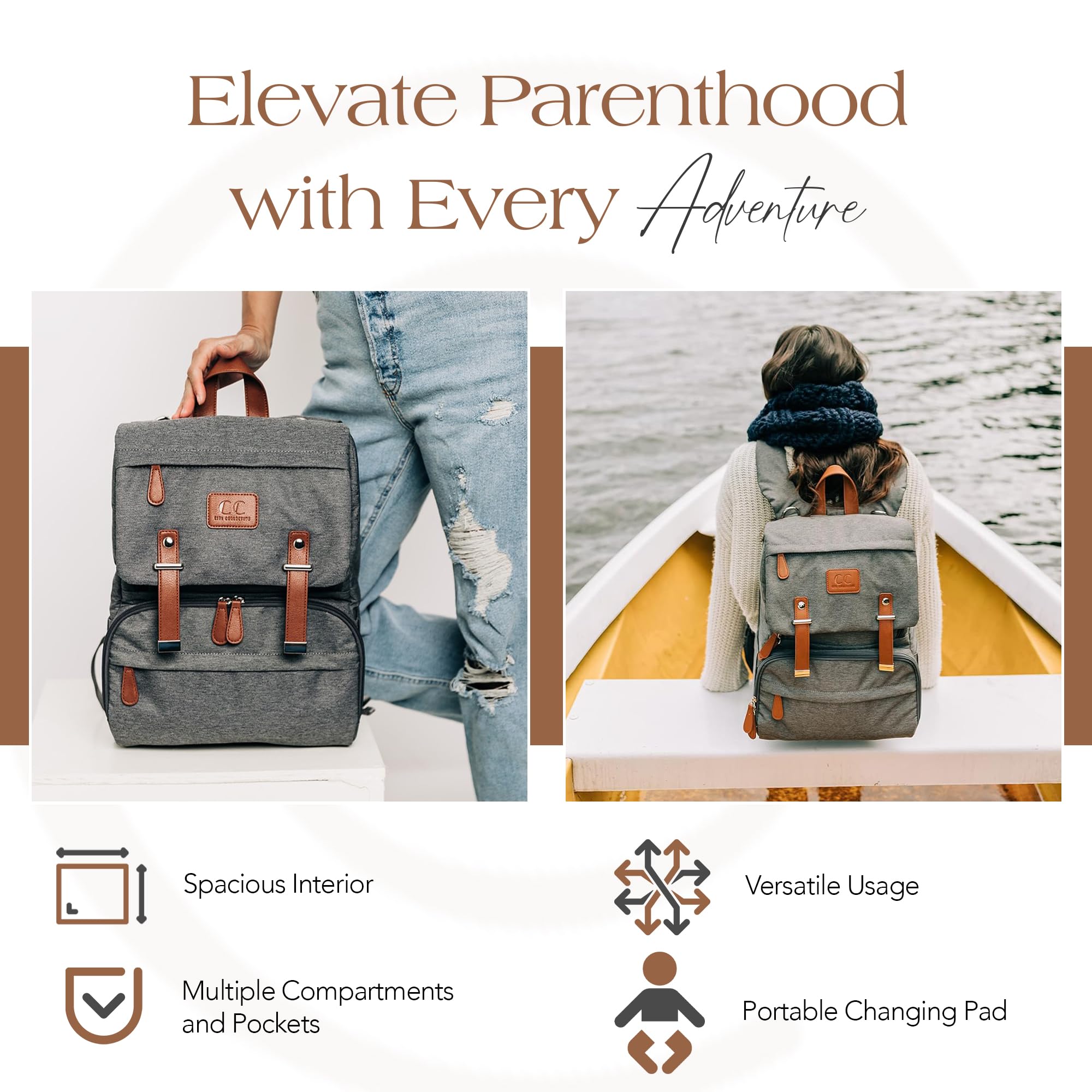 Citi Collective Nomad Grey Diaper Bag Backpack -Premium Vegan Leather- Compact Spacious Design With Insulated Pockets and Stroller Clips