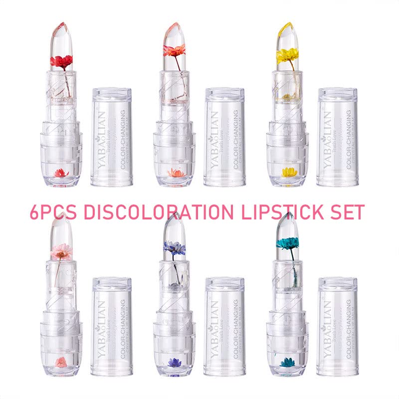 6PACK Clear Crystal Double Flower Jelly Lipstick Set,Magical Mood&Temperature&PH Color Changing Lip Blam, Long Lasting Moisturizing Nutritious Lip Balm and Lip Protection