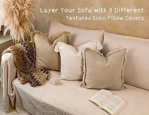 5F Balcony Decorative Boho Linen Throw Pillow Cover with Handmade Fringes - Neutral Beige Pillow Cover 18 × 18, Soft Solid Square Cushion Cover for Couch Bed Patio Outdoor