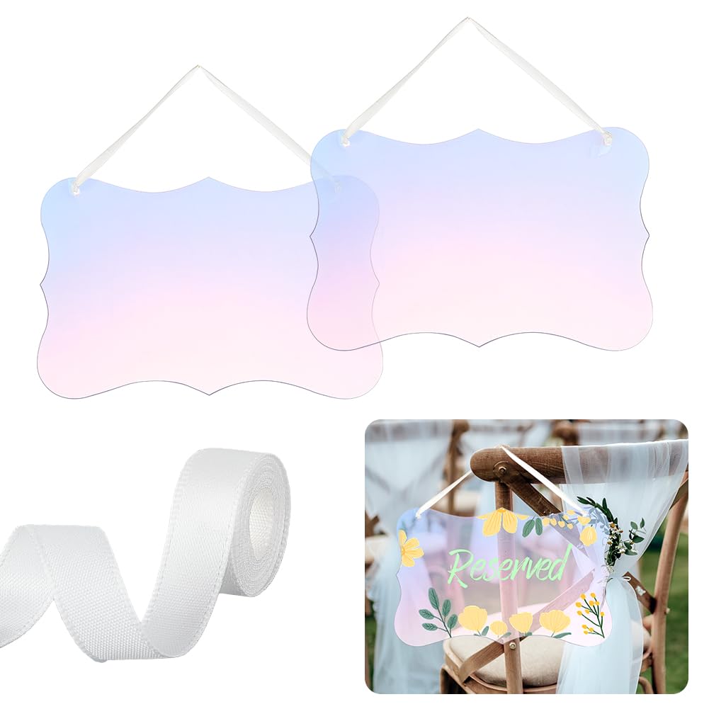 AHANDMAKER 2 PCS Acrylic Hanging Sign Reserved Seating Holder Mixed Color Acrylic Tag Hanging with Ribbon for Elegant Wedding Chair Signs Church Pews Chair Banquet Events