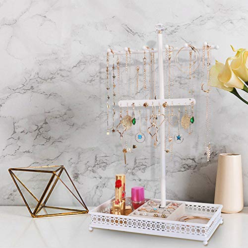 Meangood Jewelry Tree Stand Organizer 3in1 Necklace Organizer Display Bracelet Earrings and Ring Tray Jewelry Holder Hanger Metal(White)
