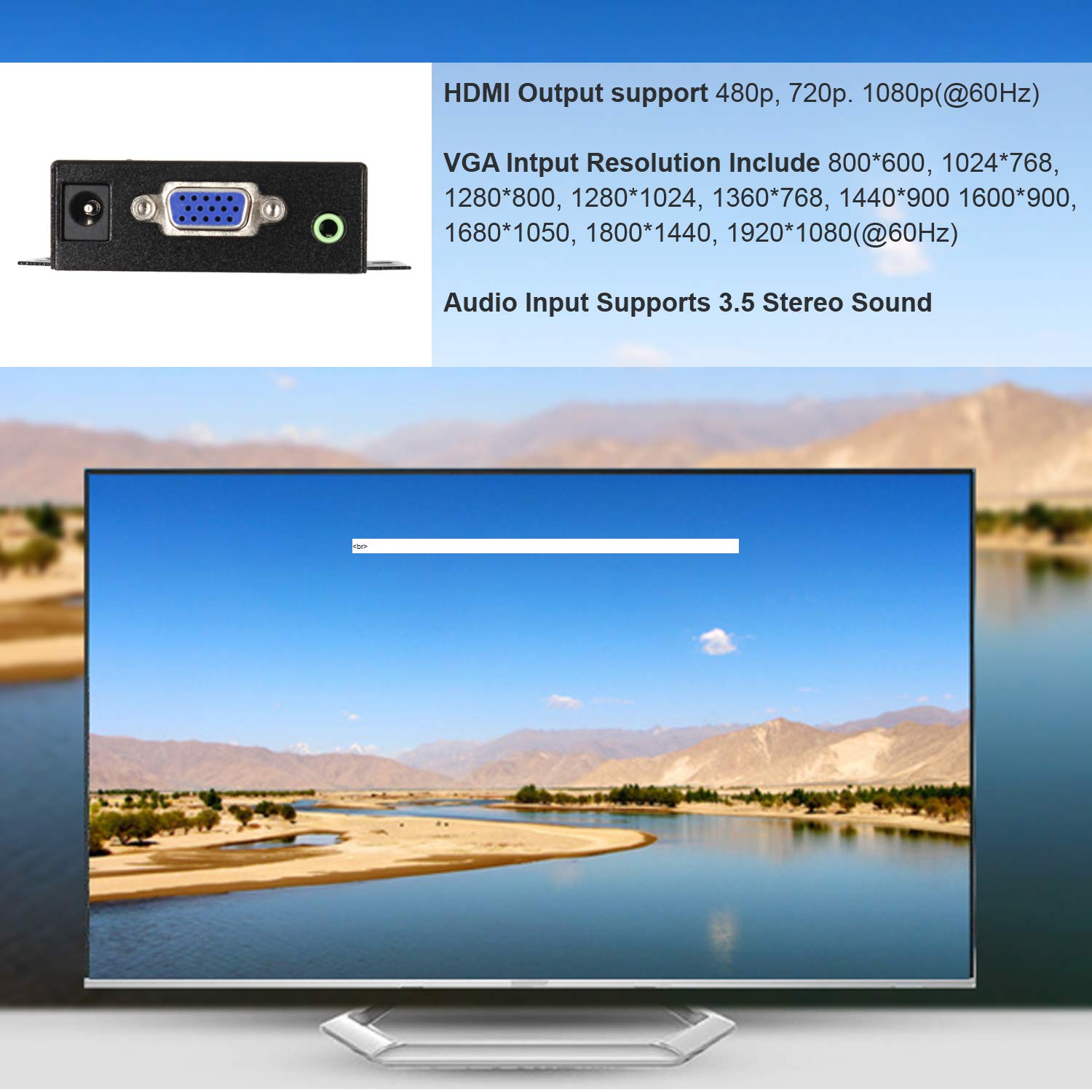 CKL VGA to HDMI Adapter Converter 1080P with 3.5mm Audio Sound and DC 5V Power Supply for PC Laptop Display Computer Mac Projector HDTV