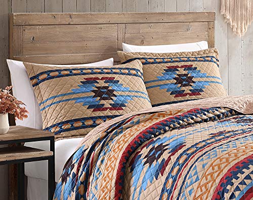 Chezmoi Collection Wyoming 3-Piece Southwestern Quilt Set - Geometric Tribal Multicolor Beige Brown Blue Red Printed Pre-Washed Microfiber Bedspread Set, Queen Size