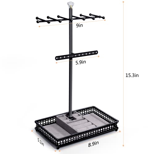 Meangood Jewelry Tree Stand Organizer 3in1 Necklace Organizer Display Bracelet Earrings and Ring Tray Jewelry Holder Hanger Metal(Black)