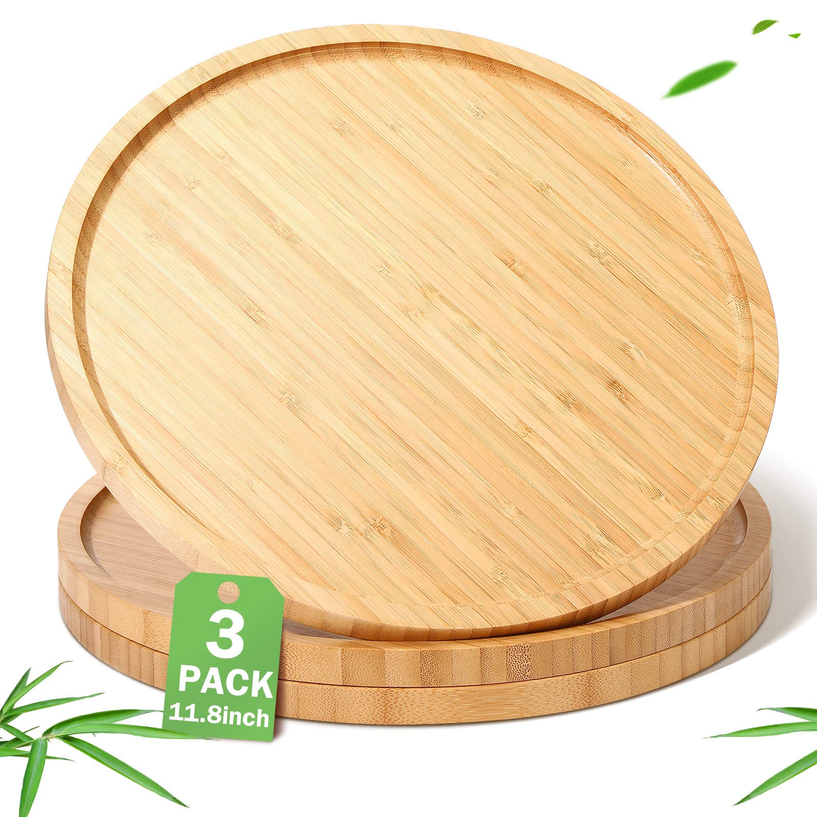 3 Pcs Bamboo Serving Tray Round Bamboo Tray Round Wood Plates Wooden Serving Platter Charcuterie Serving Board with Rim for Kitchen Counter Home Dinning Coffee Table Fruit Bread Plant Pot (11.8 Inch)