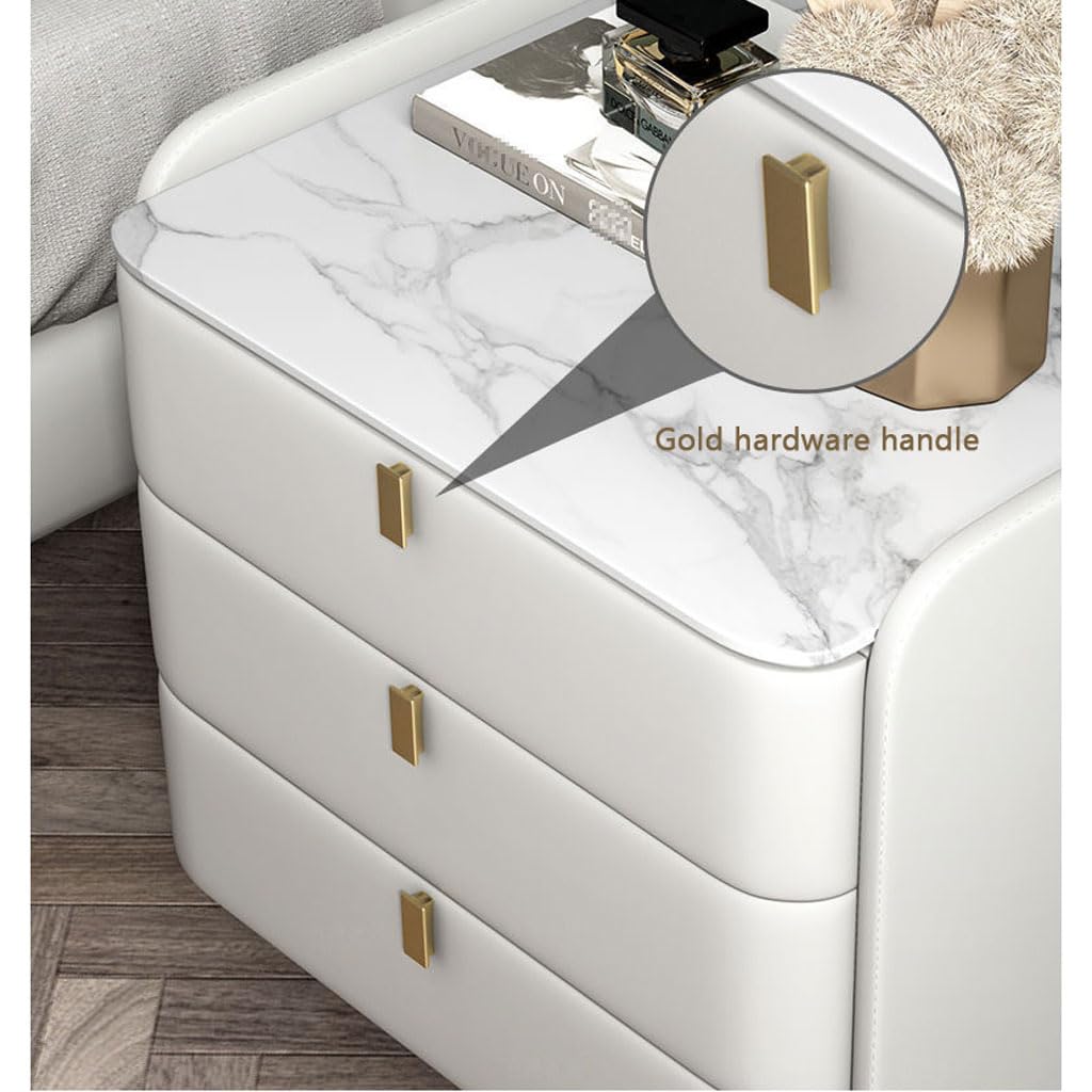 Bedside Table Mid-Century Modern Nightstand Faux Leather Bedside Table W/Marble Pattern Sintered Stone Top Side Table Wood 3 Drawer Bedroom Cabinet Chest of Drawers (Color : Black, Size : 50X40X69cm
