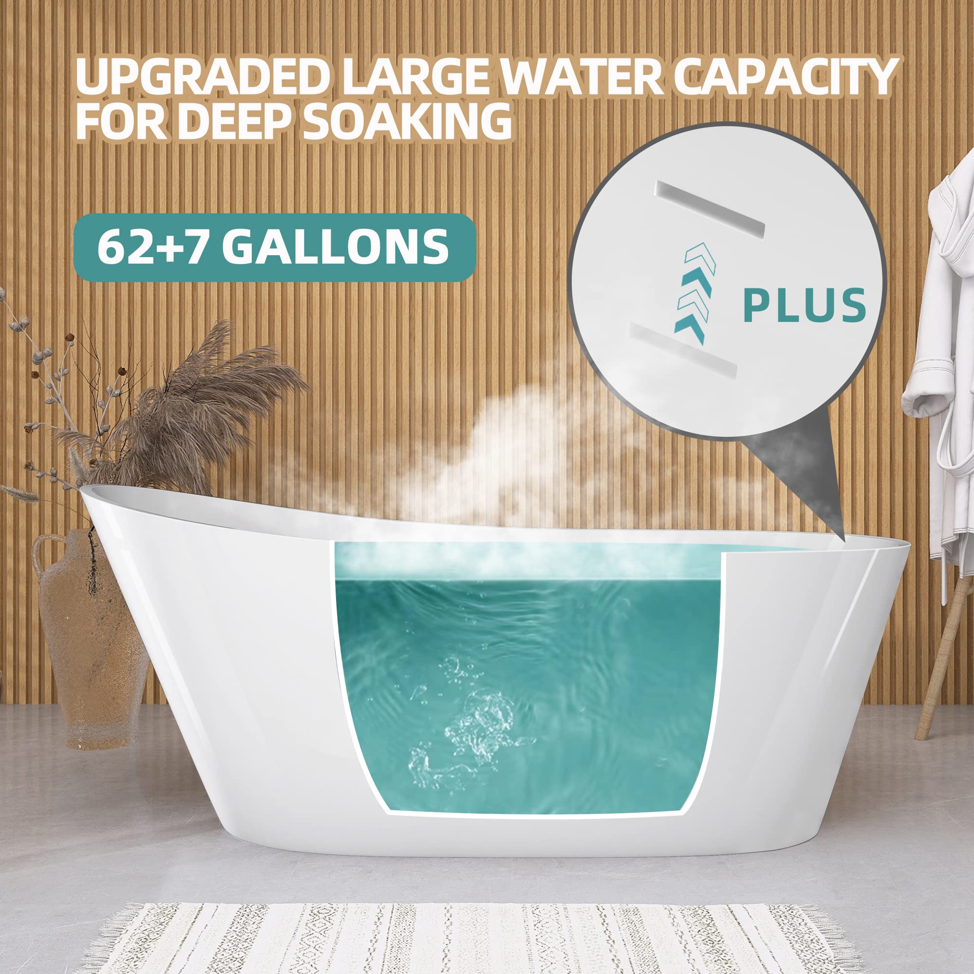 GETPRO Free Standing Tub 59" Acrylic Freestanding Bathtub Adjustable Soaking Bath Tub Oval Shape with Integrated Slotted Overflow and Chrome Anti-clogging Drain Glossy White