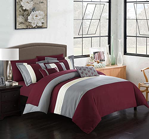 Chic Home Ayelet 10 Piece Comforter Set Color Block Ruffled Bag Bedding, Queen, Burgundy