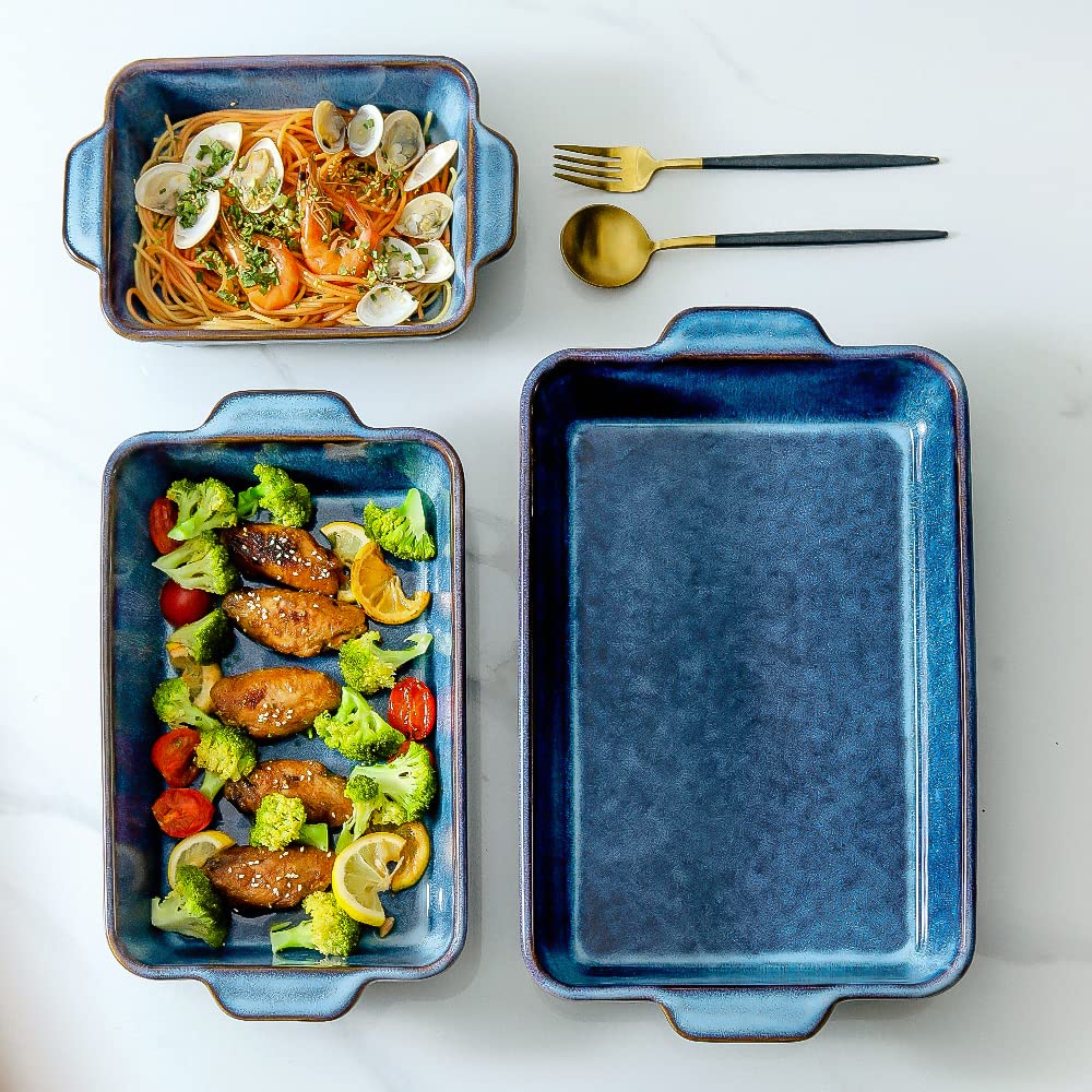 KOOV Bakeware Set, Ceramic Baking Dish Set, Rectangular Casserole Dish Set, lasagna Pan, Baking Pans Set for Cooking, Cake Dinner, Kitchen, 9 x 13 Inches, Reactive Glaze 3-Piece (Nebula Blue)