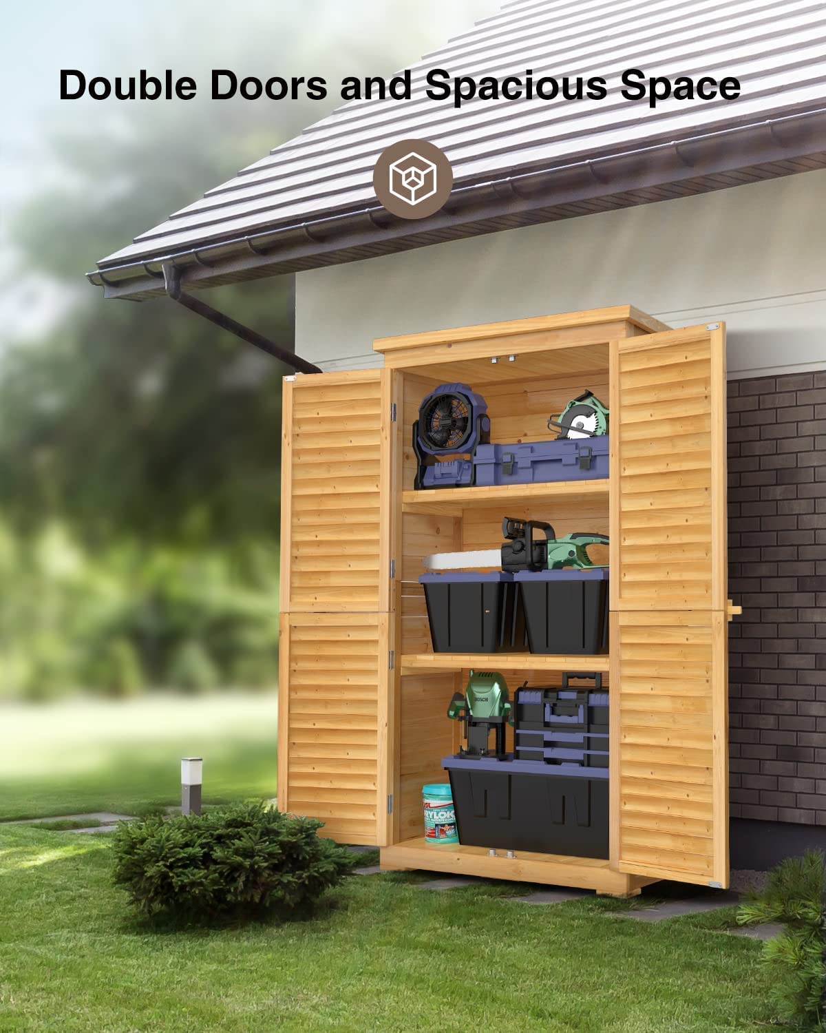 63.2" Outdoor Storage Cabinet with 3 Detachable Shelves, Lockable Wooden Garden Shed with Asphalt Roof, Vertical Tool Storage Shed for Backyard Patio Lawn Deck