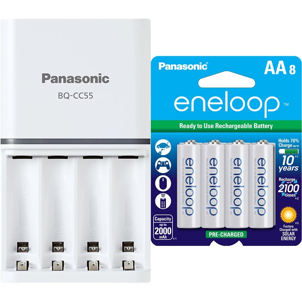 Panasonic "Advanced" eneloop Individual Battery 3 Hour Quick Charger with 4 LED Charge Indicator Lights, White & BK-3MCCA8BA eneloop AA 2100 Cycle Ni-MH Pre-Charged Rechargeable Batteries, 8 Pack