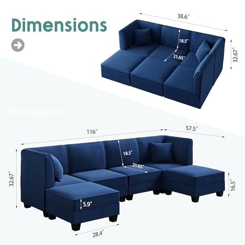 Shintenchi Reversible Modular Sectional Sofa Couch,116" Velvet U-Shaped Sectional Couch Sofa with Ottomans, 6 Pieces Modular Large Sectional Sofa Set for Living Room,Deep Blue
