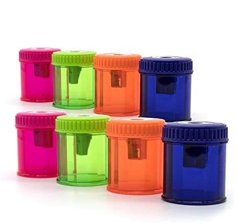 Emraw Single Hole Manual Pencil Sharpener with Round Receptacle to Catch Shavings for Regular Sized Pencils and Crayons Designed in Brightly Colored Plastic -Great for School, Home & Office (8 Pack)