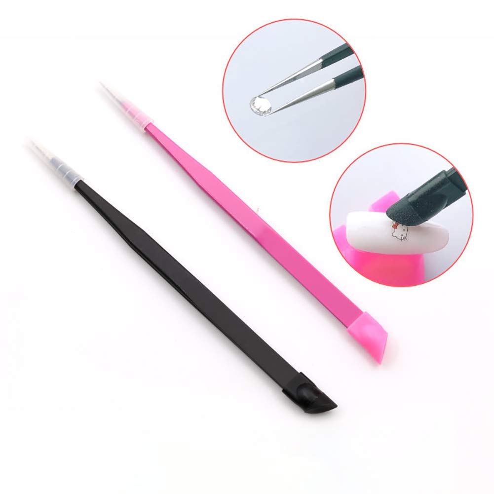 UUYYEO 2 Pcs Metal Straight Tip Nail Tweezers Pick Nipper Clipper Precision Tweezers Rhinestone Pickers with Silicone Pressing Head for Nail Art Sticker