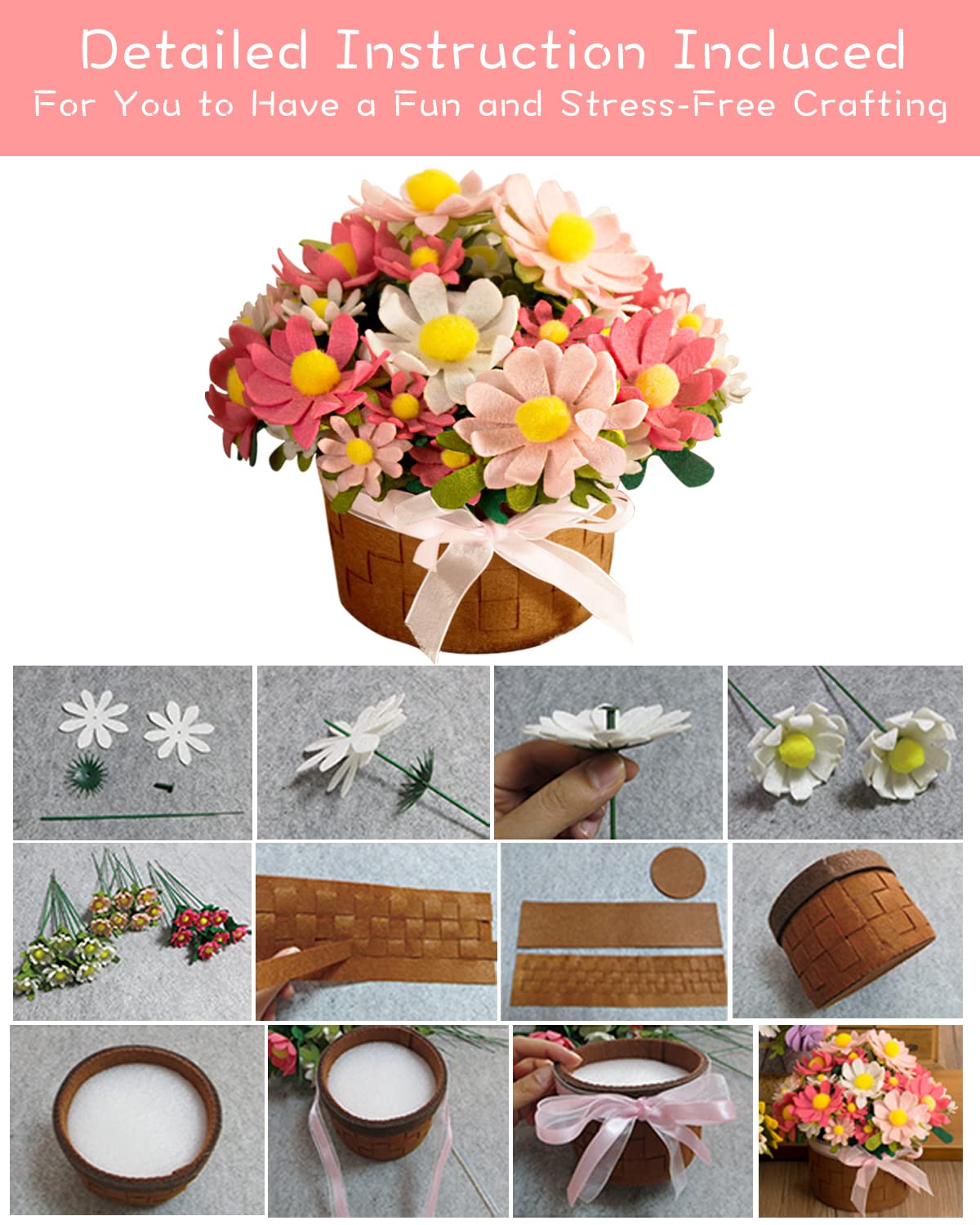 BAZIMA DIY Felt Flower Art Craft Kit, DIY Felt Daisy Pot Bonsai Kit, 33 Daisies,Floral Gifts,Beginner Craft Kit,Arrange Pre-Cut Felt Flowers and Foliage