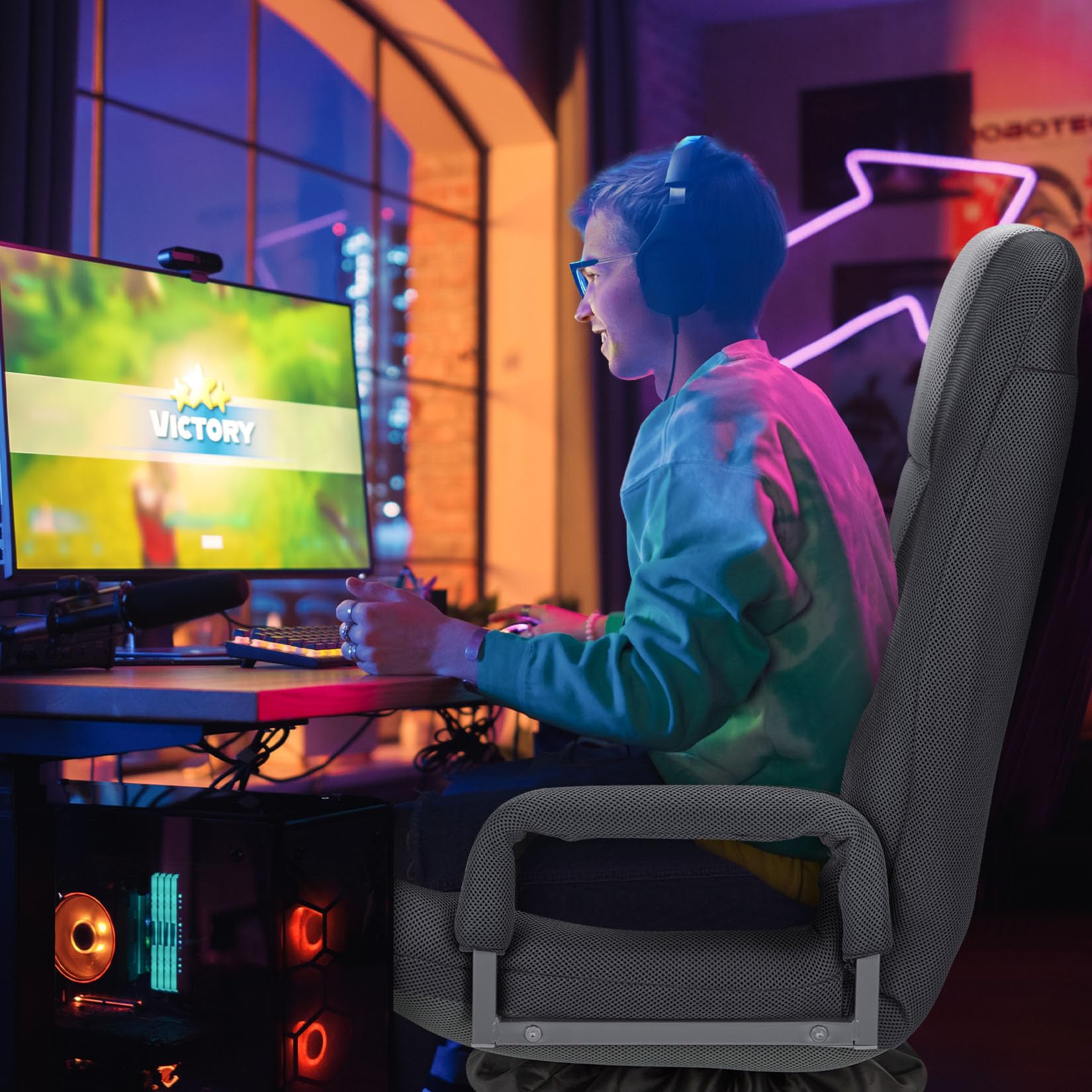 ACIPENSER Swivel Gaming Chair Multipurpose Floor Gaming Chair for Playing Video Games, TV, Reading w/Armrest Lumbar Support & 6 Adjustable Postion Backrest for Adults & Kids,Grey