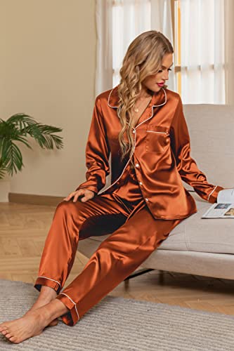 Anjue Women's Pajamas Set Long Sleeve Satin Pjs Silk Pajamas Casual Lounge Set Button Down Pjs Sets Sleepwear(Orange,XXL)