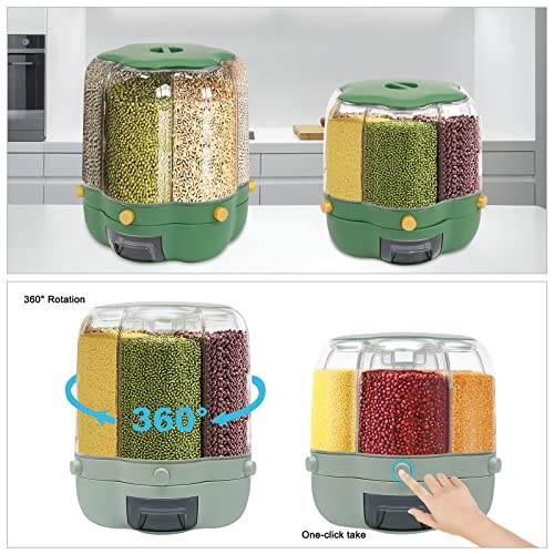 6-Grid Grain Storage Tank, 360° Rotatable Miscellaneous Grains Food Dispenser Grain Storage Box Suitable for All Beans Barley Millet And Other Granular Grains or Pet Food (Large, Light Green)