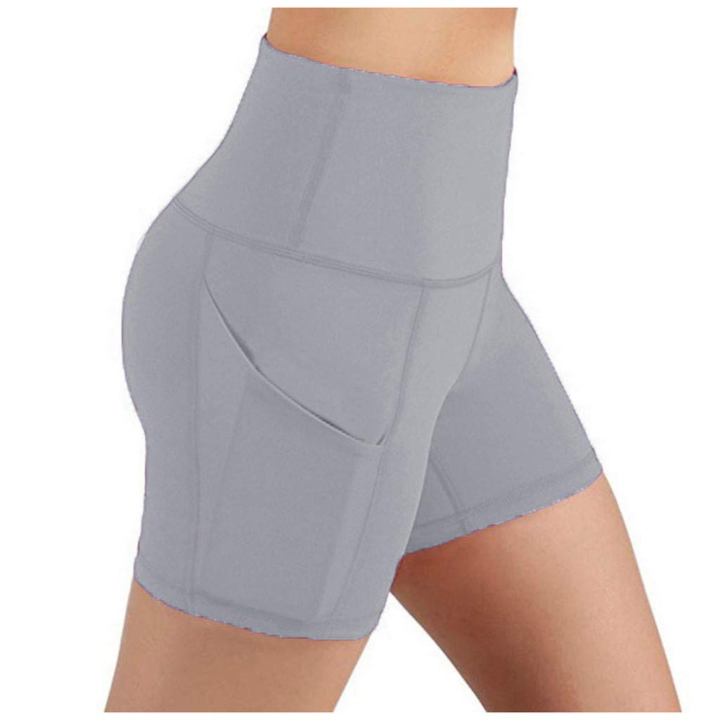 Bblulu High Waist Yoga Shorts for Women with 2 Side Pockets Solid Seamless Tummy Control Running Gym Workout Shorts