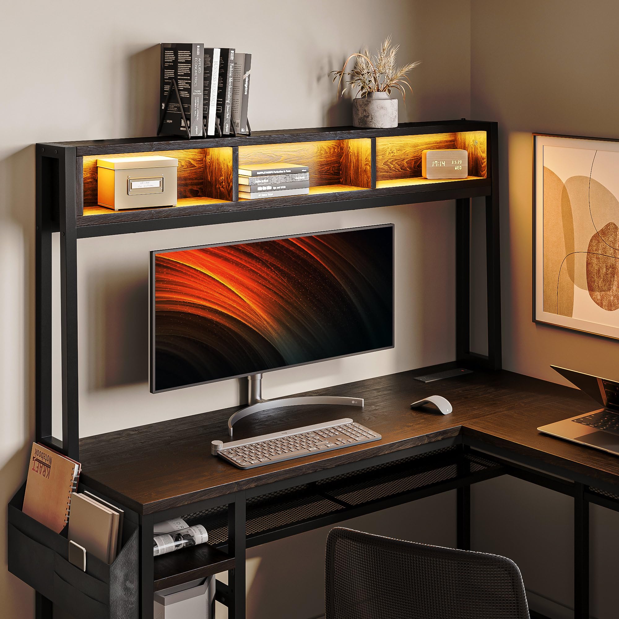 BELLEZE Computer Desk with Hutch and File Cabinet, 104" Long Gaming Desk with RGB LED Lights and USB AC Outlet, Reversible L-Shaped Desk for Home Office (Eclipse - Brown)