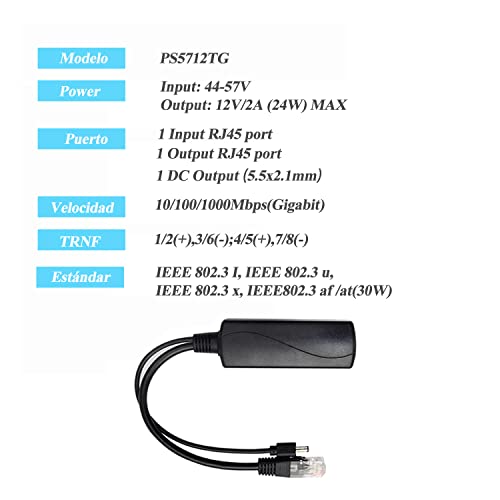 REVODATA Gigabit PoE Splitter 12V 2A Output with IEEE 802.3af/at Standard Compliant 10,100,1000Mbps Power Over Ethernet Splitter Adapter for Security Camera CCTV Surveillance 5.5x2.1mm DC PlugPS5712TG