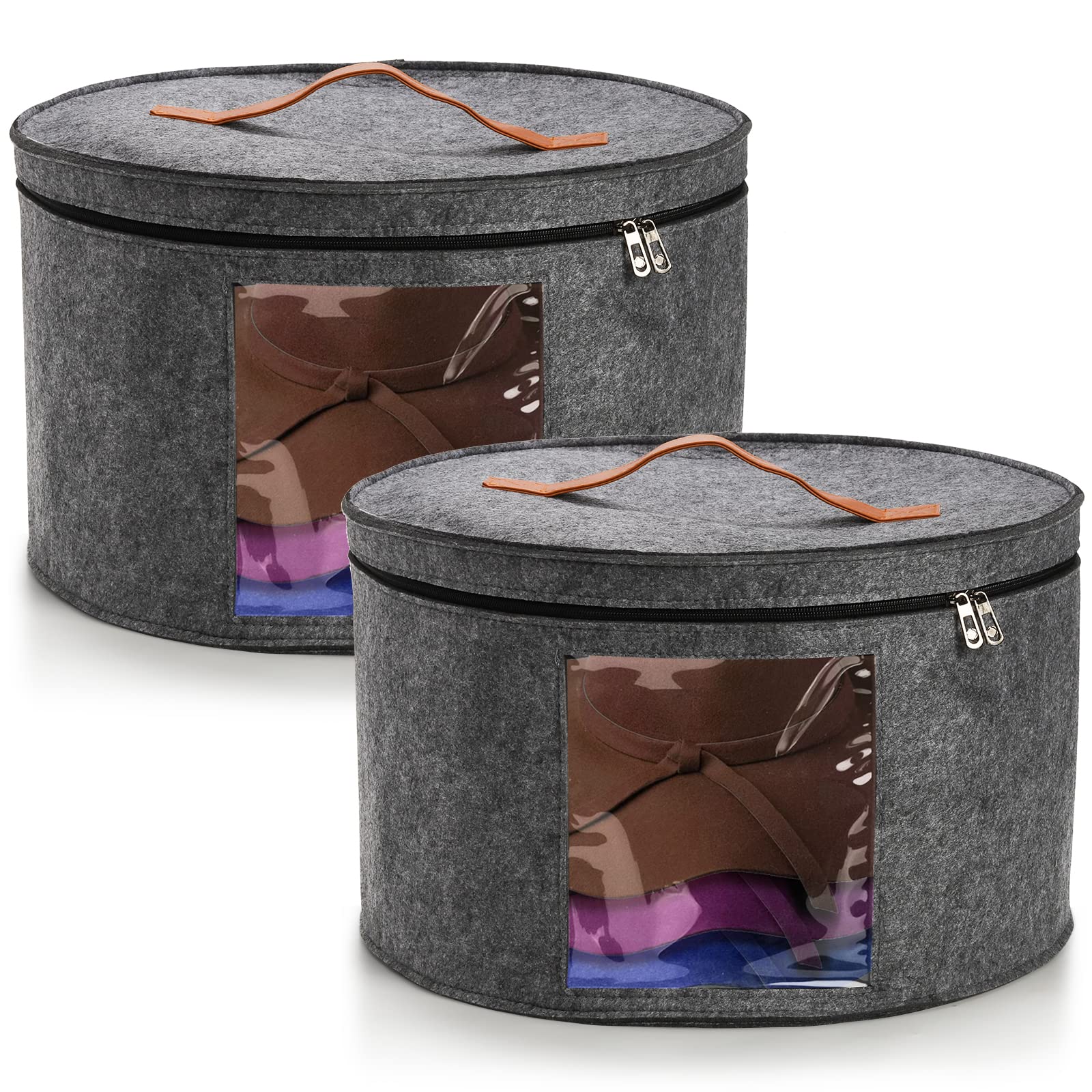 SOUJOY 2 Pack Hat Box with Lid, 16.5 x 10 Foldable Felt Hat Storage Box, Travel Case Clothes Storage Bin, Round Hat Organizer for Men Women Stuffed Animal Toy Clothes