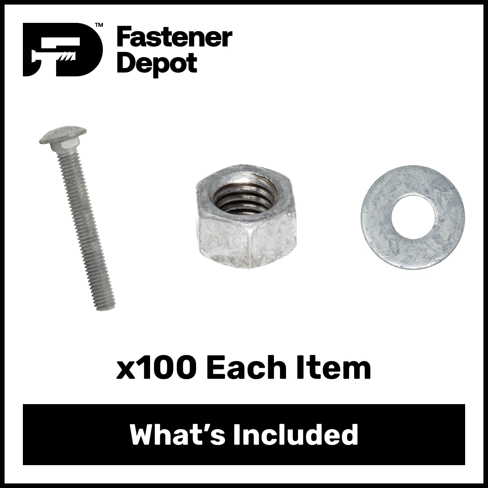 FASTENER DEPOT 3/8inches-16 x 3-1/2inches Hot Dipped Galvanized Carriage Bolt w/Nuts & Flat Washers, Grade A, Full Thread, Quantity 100 - by Fastener Depot, LLC