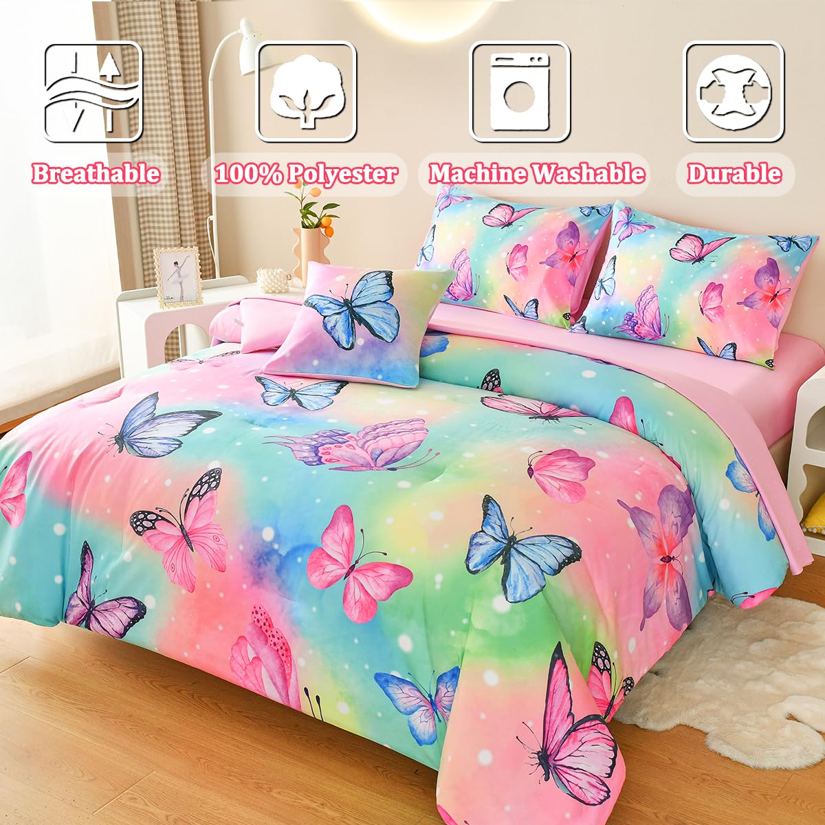 Tasselily Butterfly Bedding Set Full, Pink Butterfly Comforter Set for Girls Kids Teens 6 pcs Bed in a Bag Full Bedding Sets for Girls