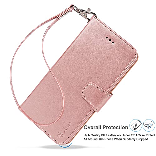 Arae Compatible with iPhone 13 Case[ Not for iPhone 13 Pro] with Card Holder and Wrist Strape Wallet Flip Cover for iPhone 13 6.1 inch-Rose Gold