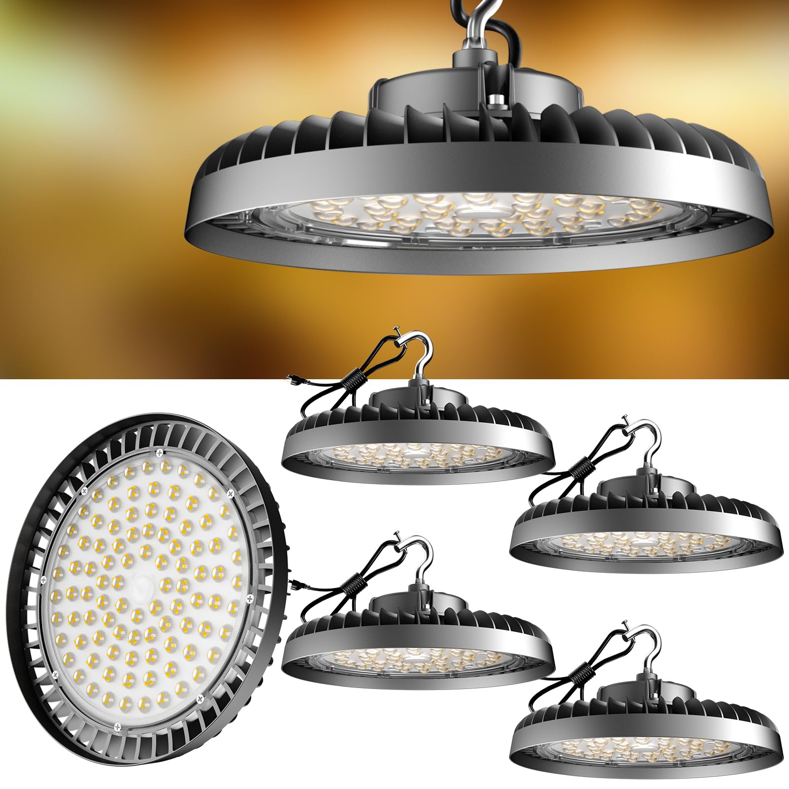 Smart 200W LED High Bay Light 30000LM 5000K UFO High Bay Lighting Motion Activated High Bay LED Lights AC100-277V for Warehouse Barn(Installation Height at Least 20FT)- 4Pack(Remote Buy Separate)