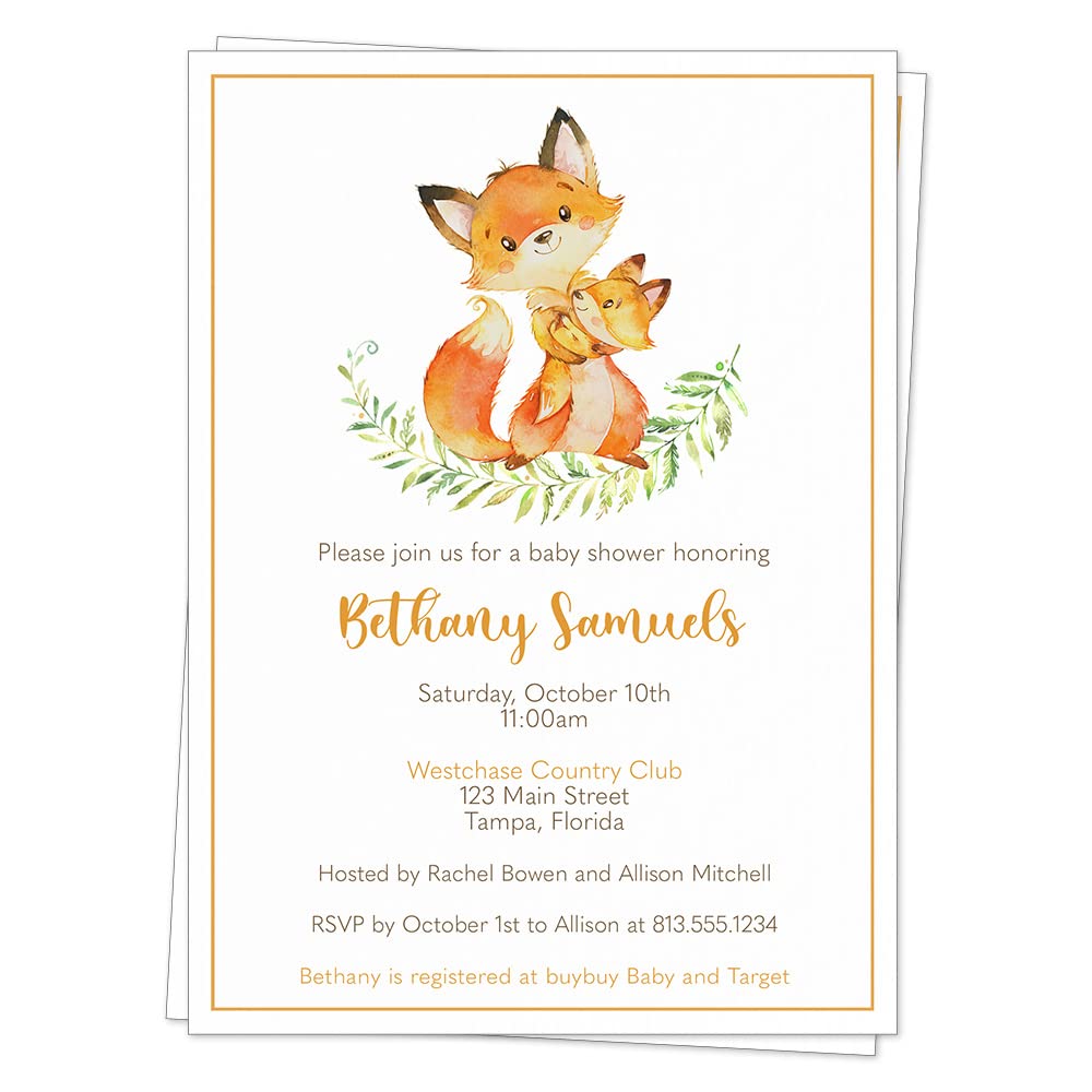 Fox Baby Shower Invitations Woodland Invites Rustic Orange Gender Neutral Boys Girls It's A Boy It's A Girl Foxes Sprinkle Watercolor Green White Forest Friends (12 count)