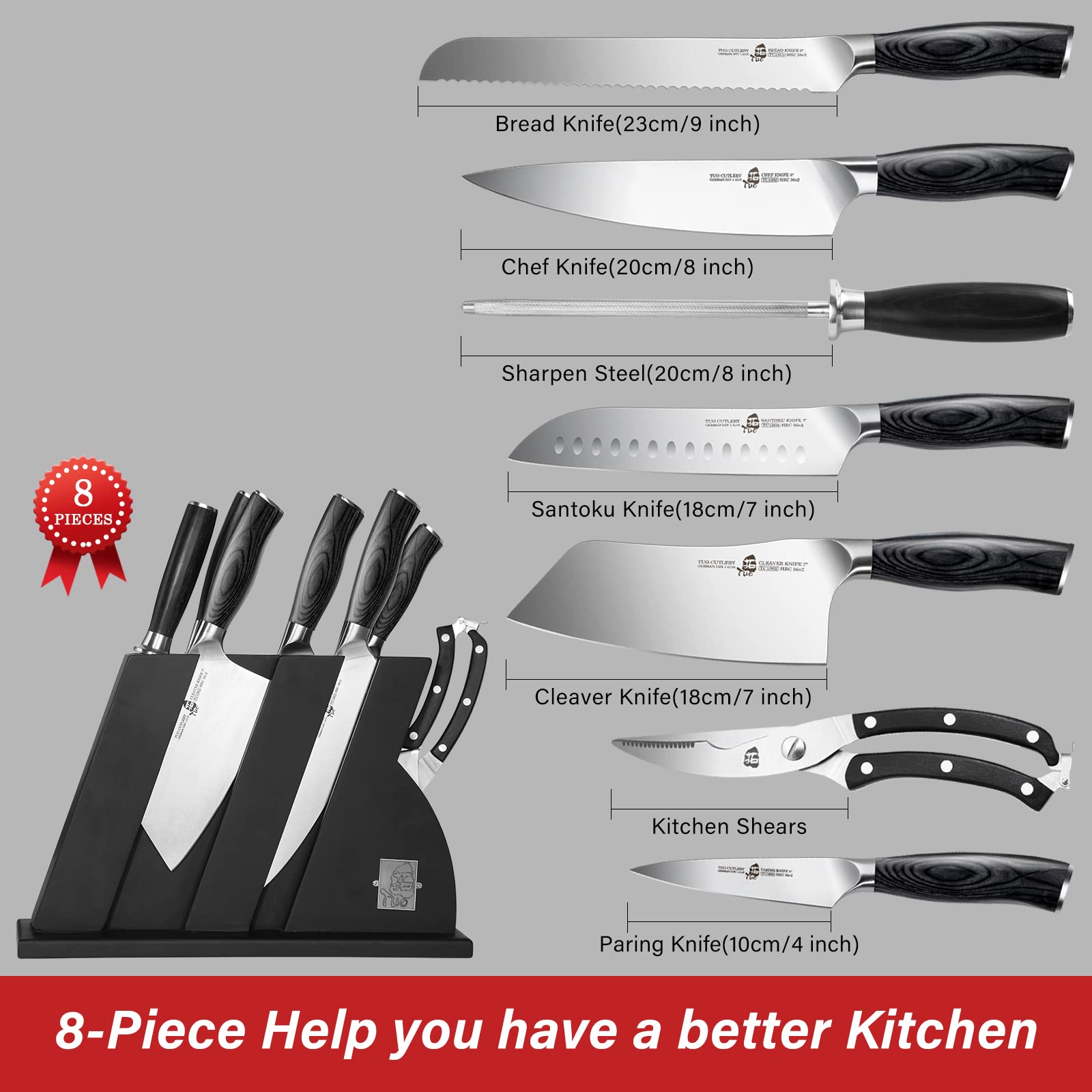 TUO 8 Pcs Chef Knife Set - Professional Knife Block Set Sharpener Steel, German Stainless Steel Ergonomic Pakkawood Handle with Gift Box, Fiery Phoenix Series - Black