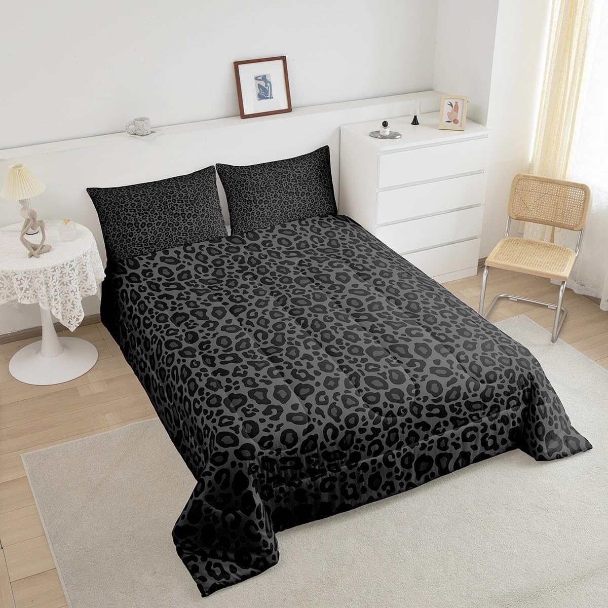 Castle Fairy Gray Wild Animal Skin Boys Girls Comforter Set Full Size,Leopard Print Duvet Set Teens Bedroom Decor,African Cheetah Wildlife Microfiber Soft Bedding