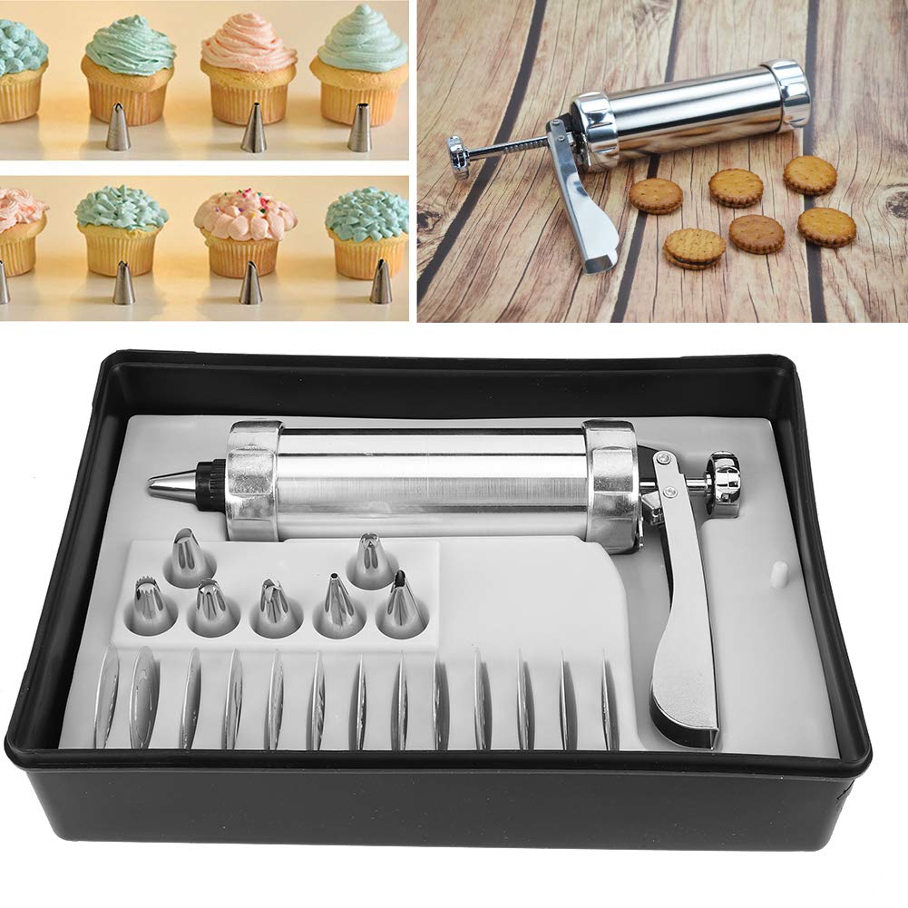9.8x5.9in Cookie Press Maker Aluminium Alloy Cookies Biscuits Press Maker Mold Kit with 7 Piping Nozzle,13Cookies Mold,Cream Laminator Pastry Piping DIY Laminating Gun for Making Cake Decorating