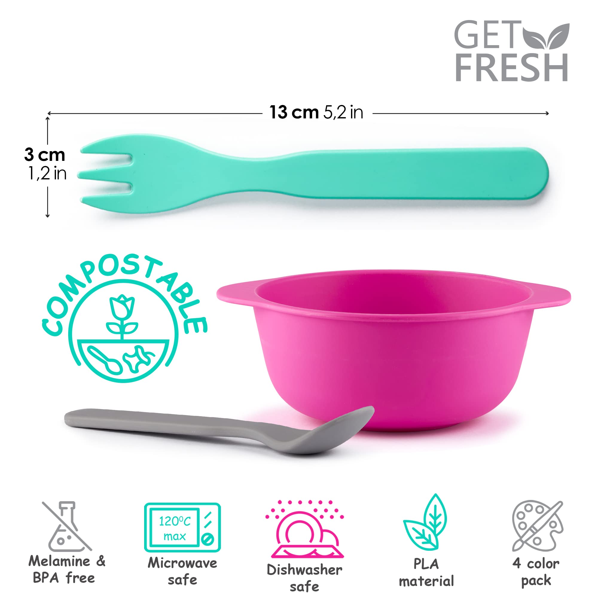GET FRESH PLA Kids Spoons and Forks Set – 8-Pack Melamine Free Utensils for Kids & Toddlers – Biodegradable Childrens Cutlery Spoons and Forks – Reusable Microwave Safe PLA Kids Dinnerware