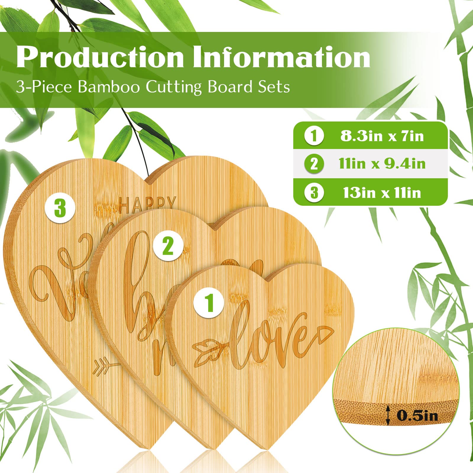 3 Pcs Valentine's Day Heart Shaped Cutting Board Wood Bamboo Serving Board 13in 11in 8.3in Charcuterie Bread Board Cheese Serving Platter for Valentine's Day Wedding Anniversary Birthday (Romantic)