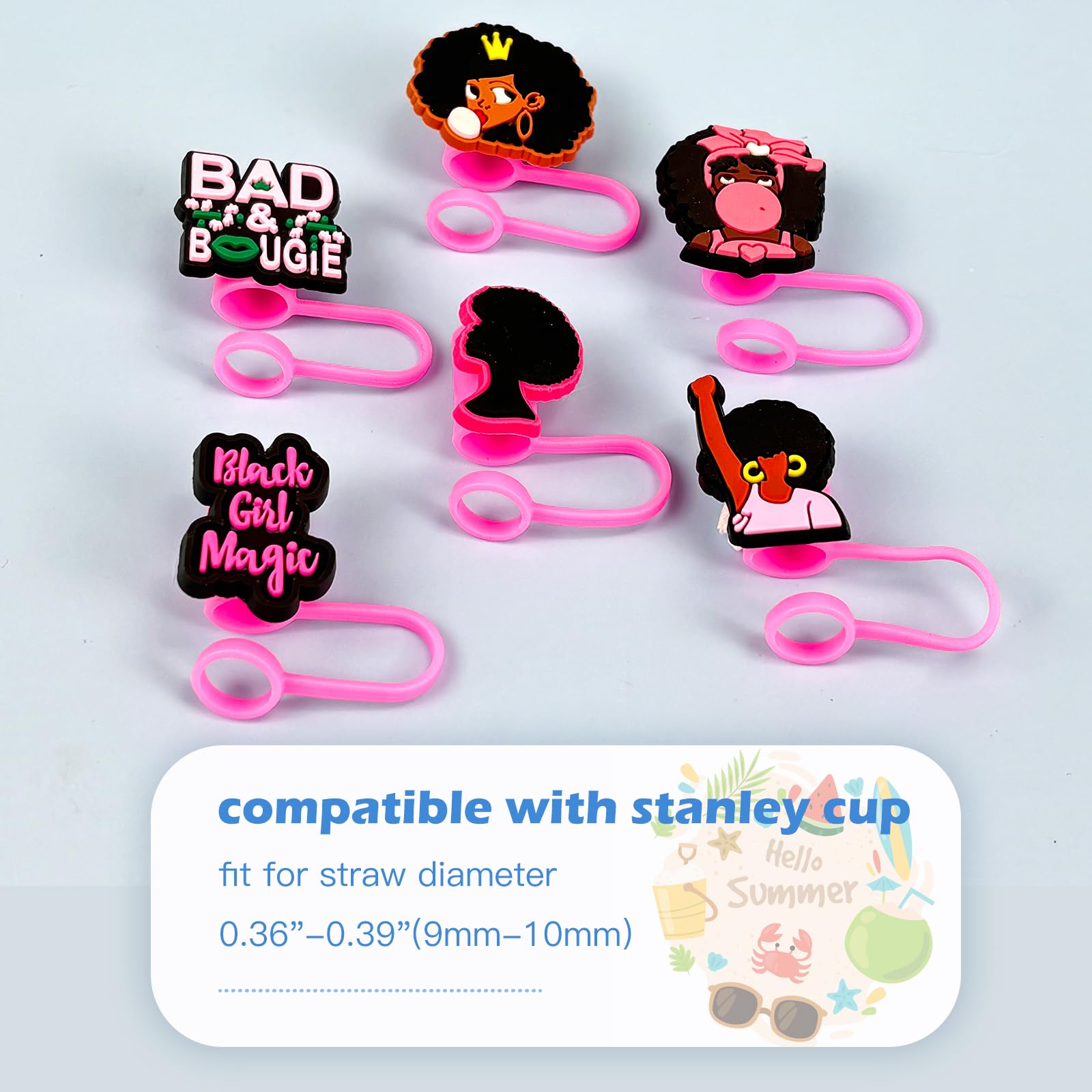 6Pcs Pink Black Girl Straw Covers Cap for Stanley Cup,Cute Silicone Straw Topper for 10mm Drinking Straw Tip Covers Stanley Cup Accessories