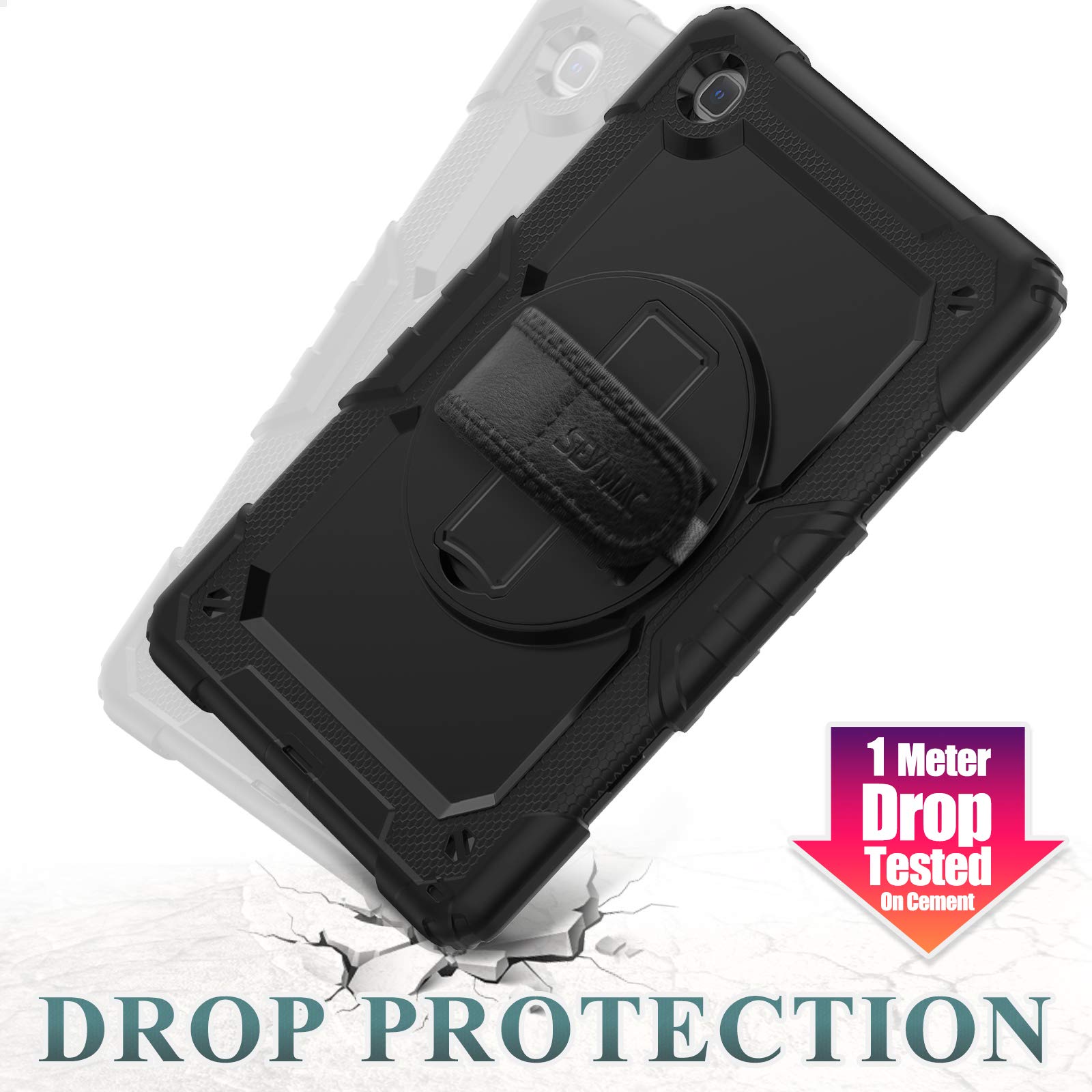 SEYMAC stock Case for Samsung Galaxy Tab A7 10.4 2022/2020 (T503/T509/T500/T505/T507) with Screen Protector, 360 Rotating Stand & Hand Strap, Drop-Proof Case, Black