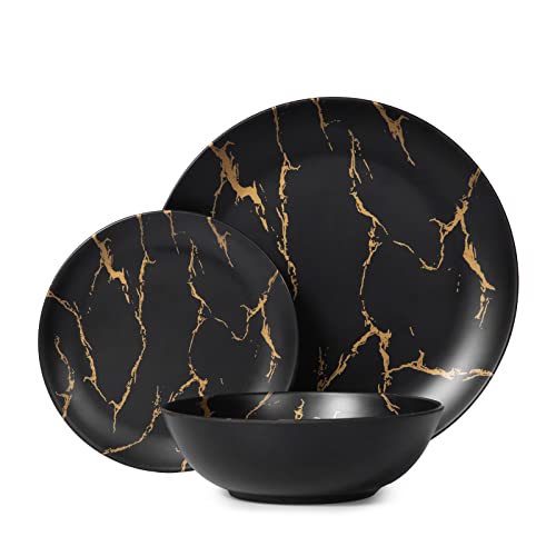 Melamine Dinnerware Set Black Kitchen Dinner Set, 12pcs Plates and Bowls Set Best for Indoor and Outdoor Party,BPA-Free Dishwasher Safe, Eco-Friendly …