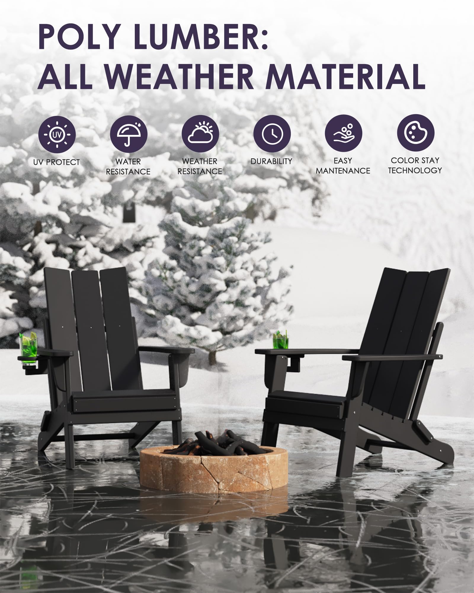 Adiromoti Folding Adirondack Chairs Set of 2, All-Weather Resistant HDPE Patio Firepit Chairs, Sturdy Outside Chairs with Cup Holder, Pre-Installed Lawn Chairs Load Capacity 385lb, Weathered Wood