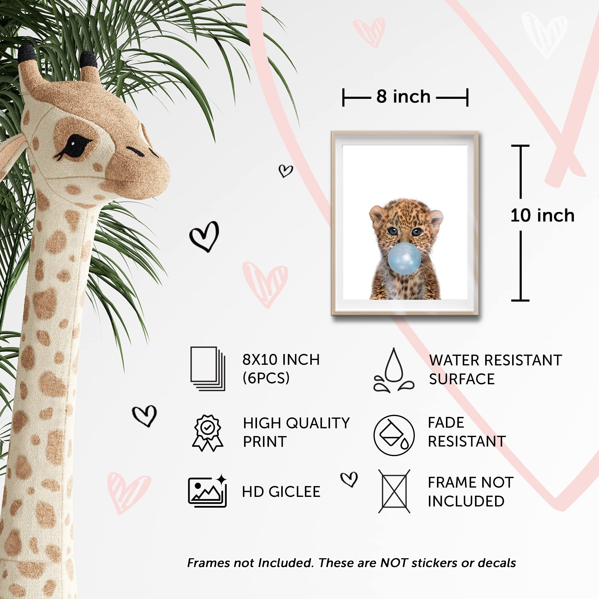 Designs by Maria Inc. Safari Blue Bubblegum Baby Animals Nursery Decor Art - Set of 6 (UNFRAMED) Wall Prints 8x10 (Blue)