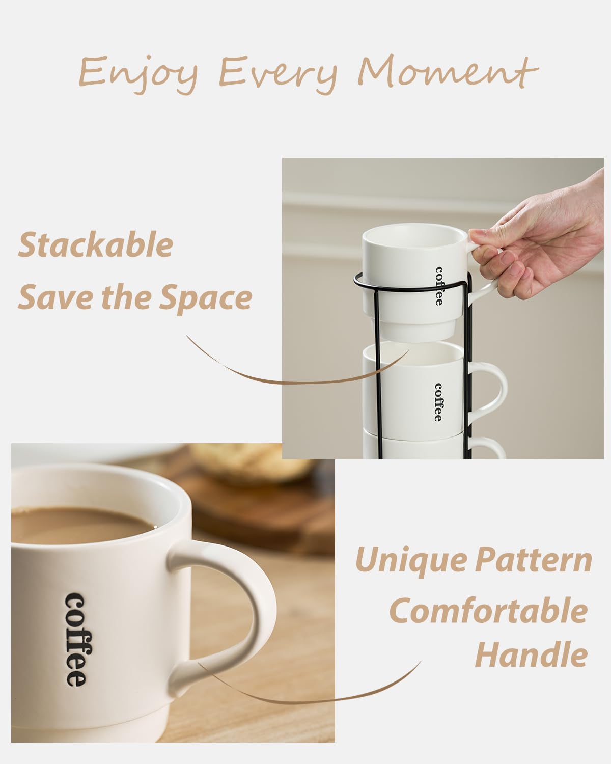 LAUCHUH Coffee Mugs Set of 4, 15 Ounce Stackable Coffee Mugs with Rack Latte Cup Porcelain Mugs for Coffee, Tea, Hot Cocoa, Milk, Dishwasher & Microwave Safe for Christmas, White