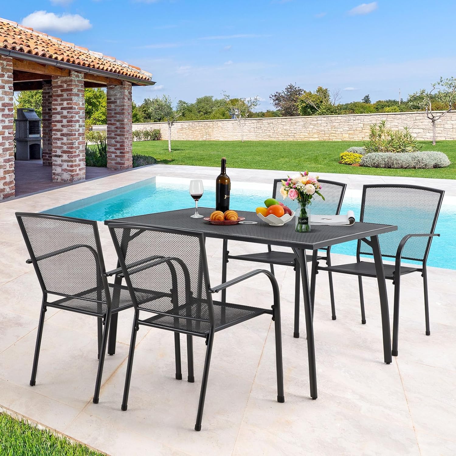AECOJOY Metal Outdoor Table and Chairs Patio Dining Table Set for 4 Outside 51" Dining Table with Umbrella Hole Rectangle Table and 4 Stackable Chairs, Patio Furniture Set for Garden Backyard Balcony