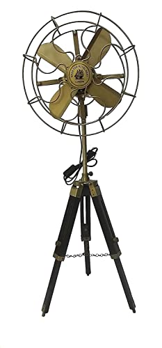 B A INSTRUMENTS Antique Brass Pedestal Fan with Wooden Tripod Floor Stand