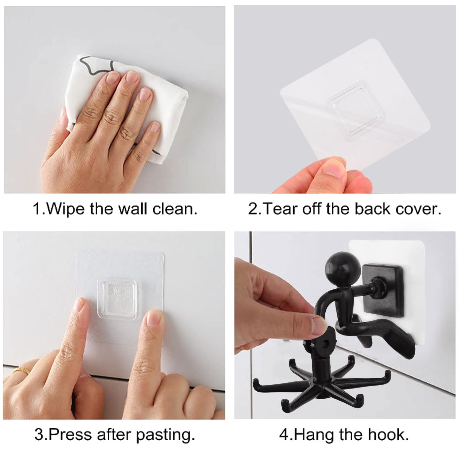 INCREWAY 4pcs 6-Claw Nail-Free Rotating 360° Rotating Folding Hooks in The Shape of Small People Shelf Adhesive Hook for Kitche,Black