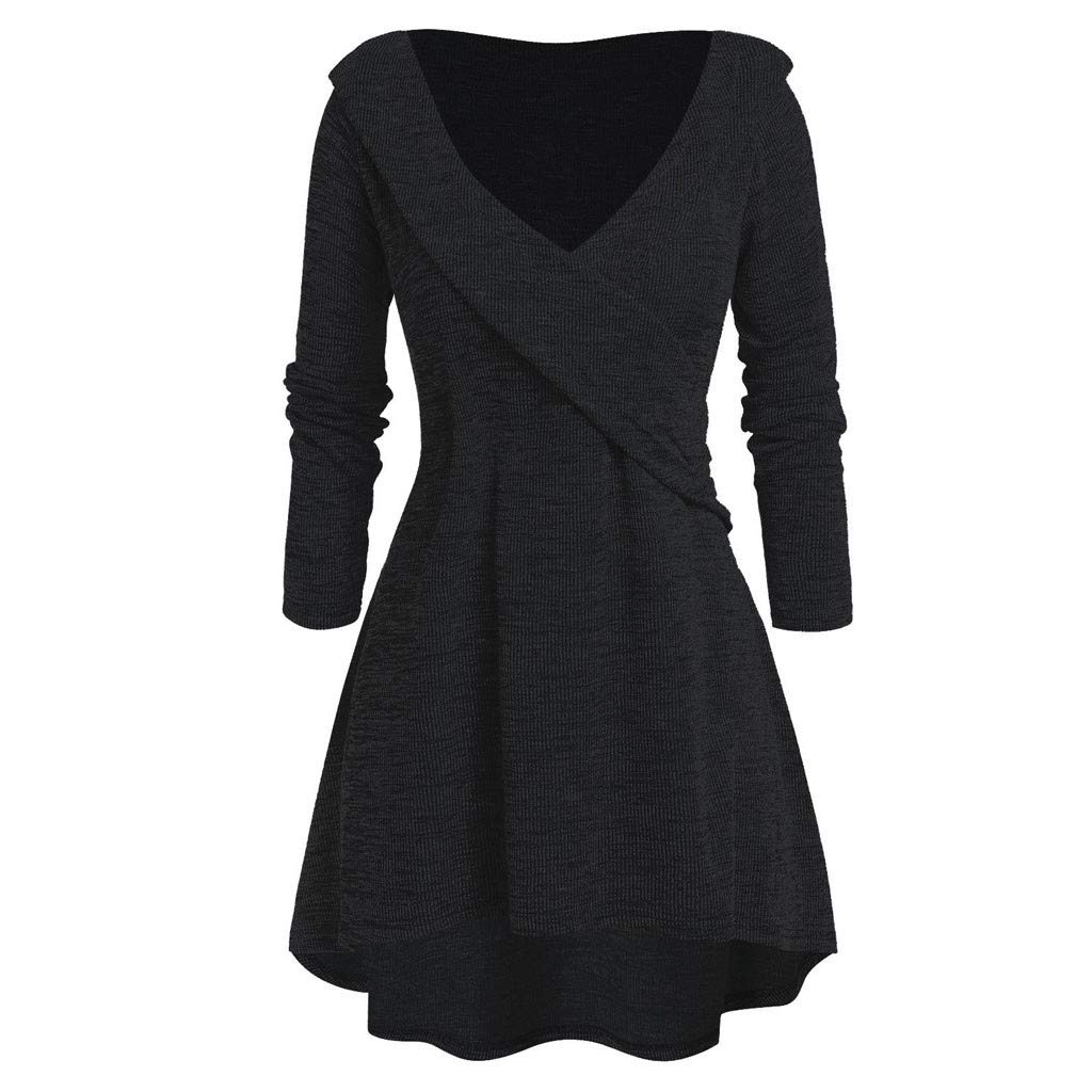 CapsA Women Halloween Gothic Sweatshirts Dress Long Sleeve High Low Pullover Plus Size V-Neck Tunic Plunging Neck Sweater Black