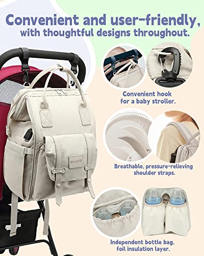 AUYRE Diaper Bag Backpack Nappy Changing Bags Waterproof Travel Backpack with USB Charging Port & Stroller Straps Baby Shower Gifts (Beige)