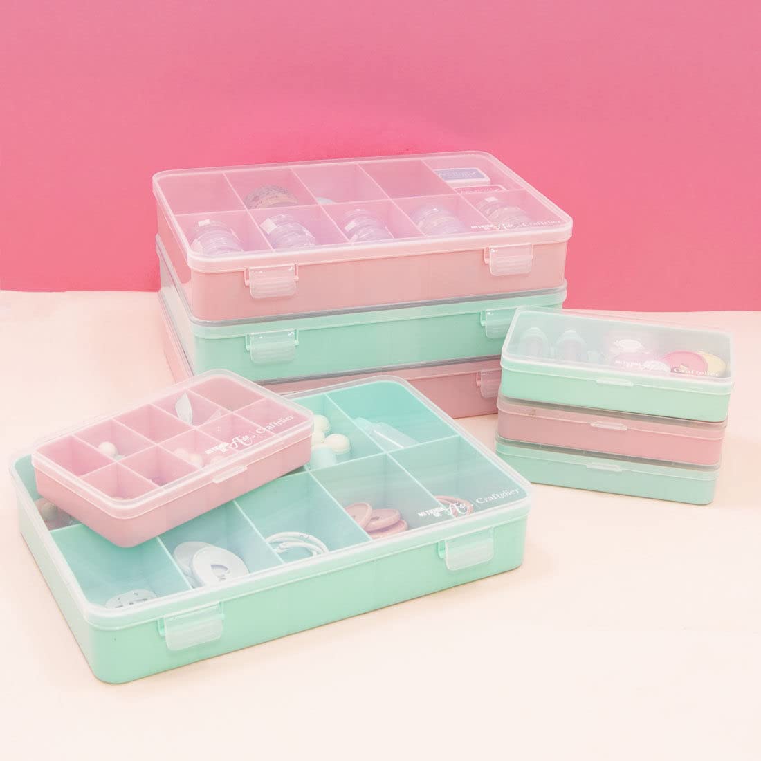 Craftelier - Mini Organizing Box with 10 Compartments for Scrapbooking and Craft Materials | Dimensions 14.6 x 9.1 x 3.2 cm (5.75β x 3.6β x 1.25") - Transparent and Turquoise Color